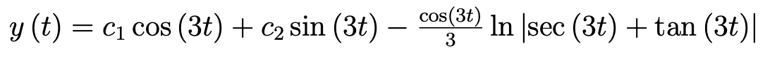Solved Find a general solution to 2y′′+18y=6tan(3t) using | Chegg.com