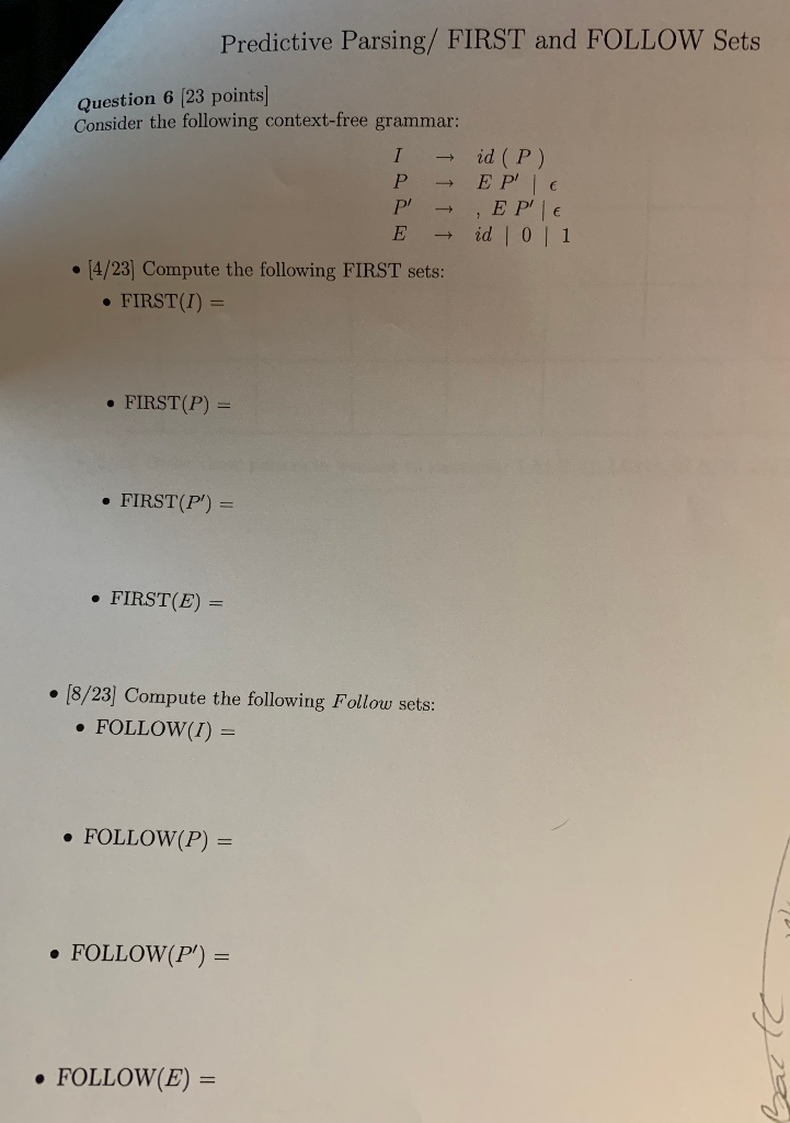 Solved Predictive Parsing/ FIRST and FOLLOW Sets Question 6 | Chegg.com