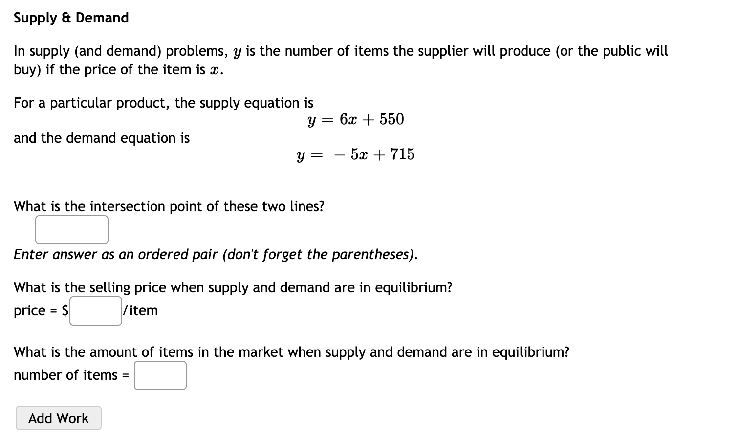 Solved Supply & Demand In supply (and demand) problems, y is | Chegg.com