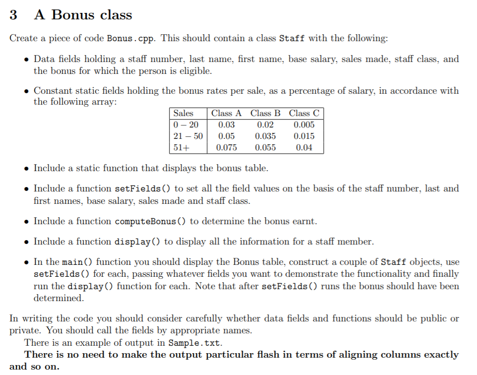 Solved 3 A Bonus class Create a piece of code Bonus.cpp. | Chegg.com