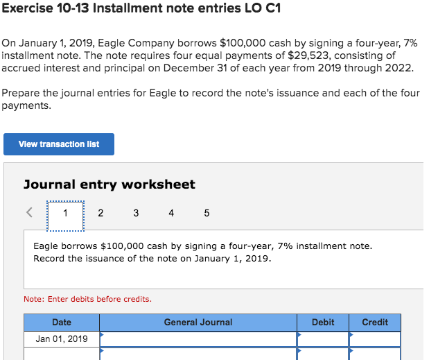 Solved Exercise 10-13 Installment note entries LO C1 On | Chegg.com