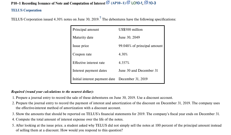 Solved P10-1 Recording Issuance of Note and Computation of | Chegg.com
