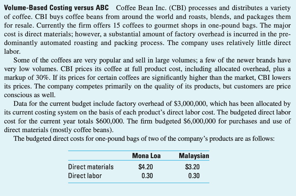 Solved Volume-Based Costing versus ABC Coffee Bean Inc. | Chegg.com