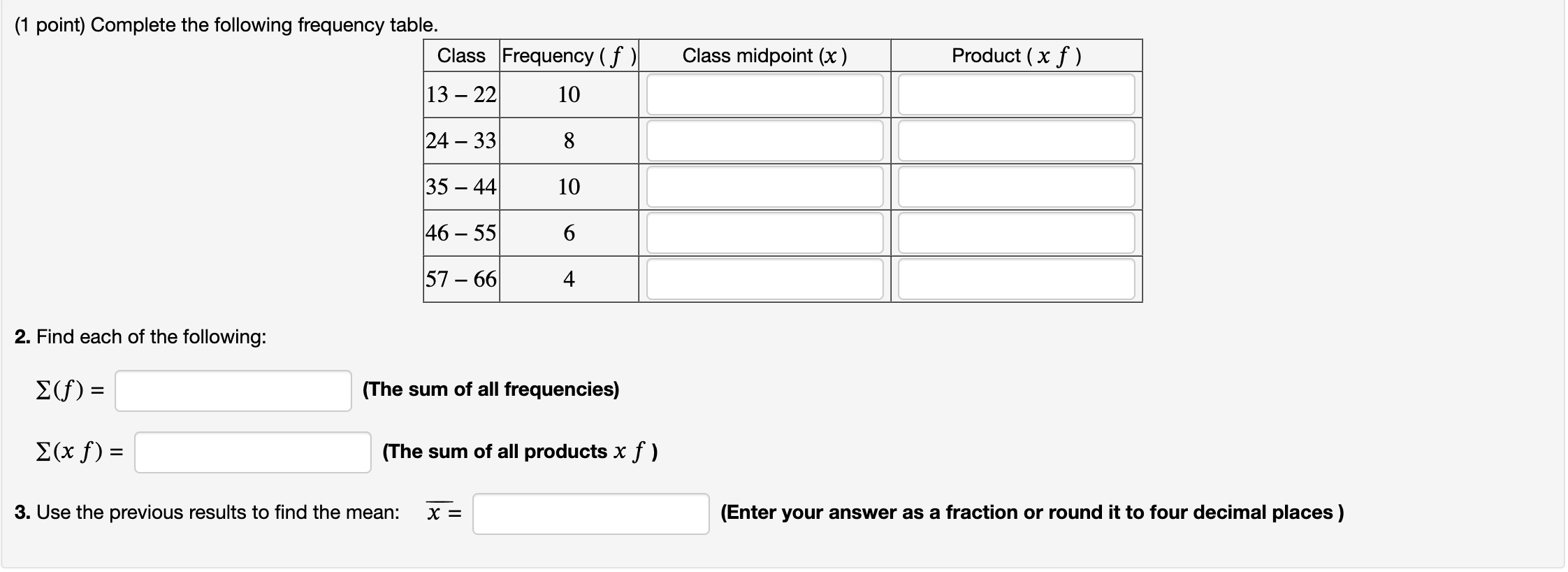 Solved (1 point) Complete the following frequency tahlo 2. | Chegg.com
