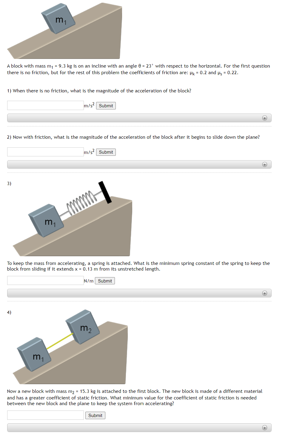 Solved A block with mass m1=9.3 kg is on an incline with an | Chegg.com