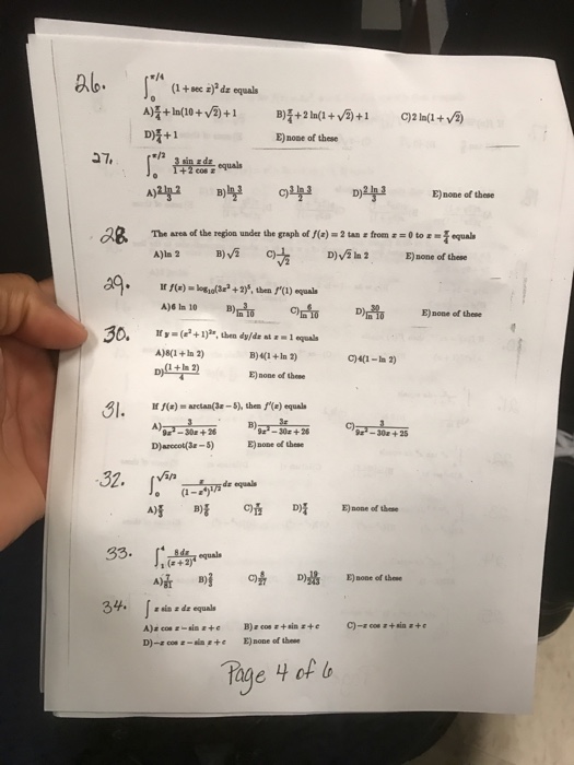 Solved Integral^pi/4_0 (1 + sec x)^2 dx equals A) pi/4 + ln | Chegg.com