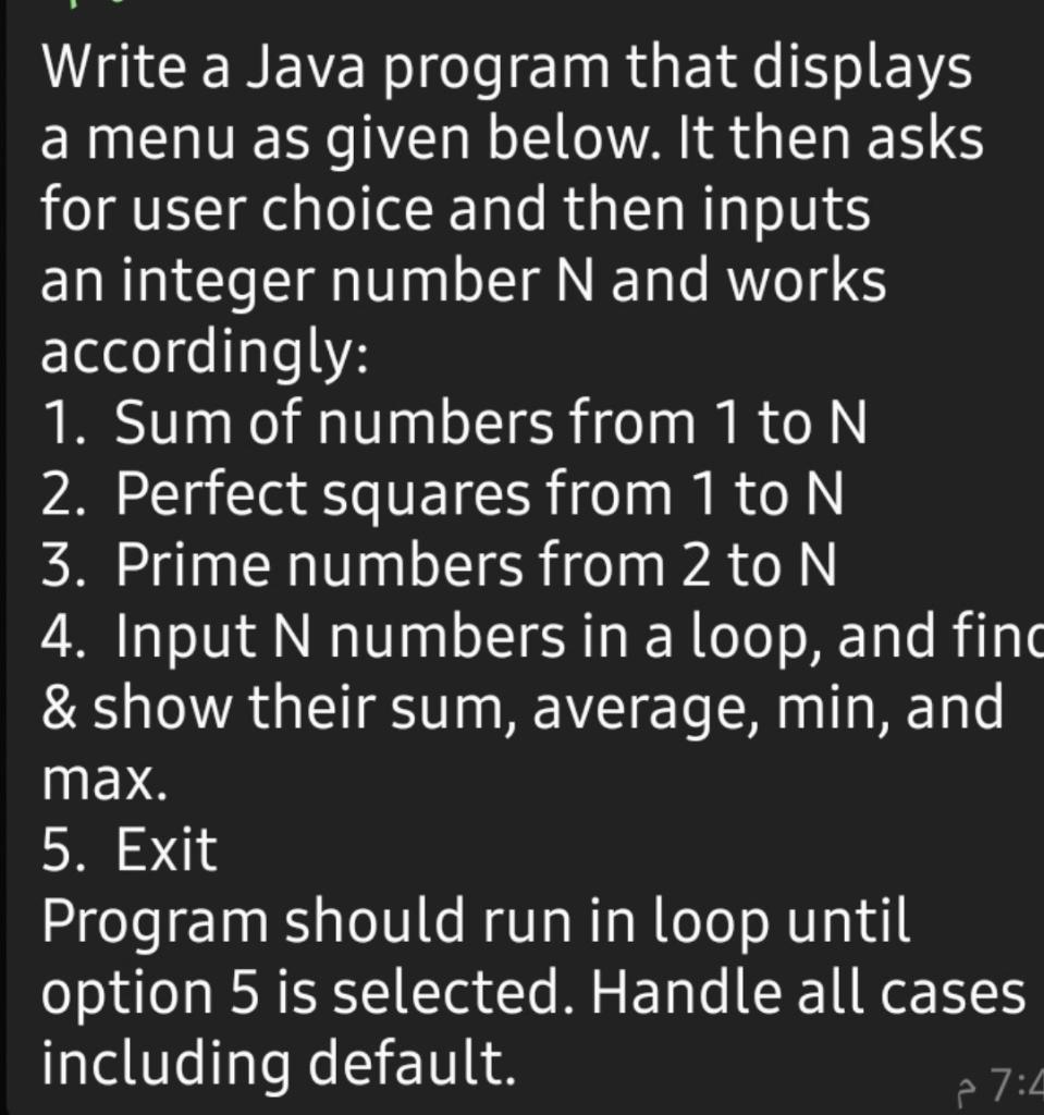 Solved Write a Java program that displays a menu as given | Chegg.com
