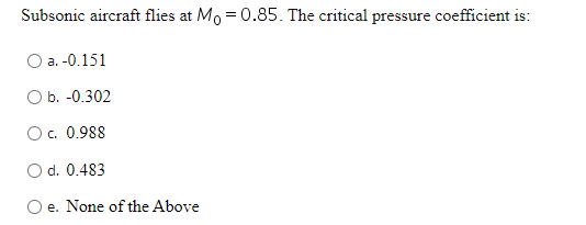Solved Subsonic aircraft flies at Mo = 0.85. The critical | Chegg.com