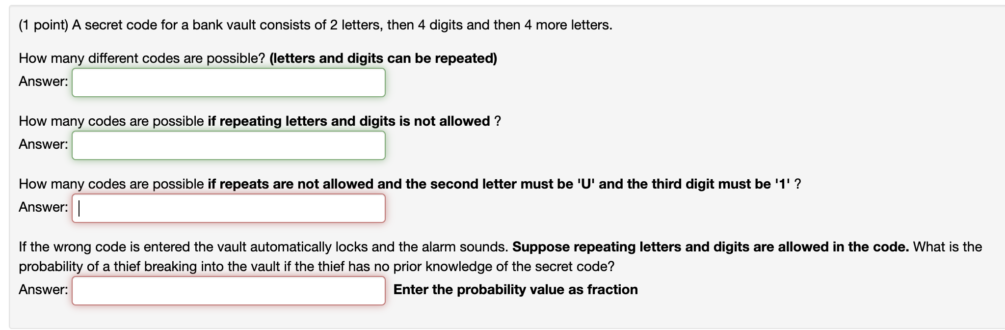 Solved ( 1 point) A secret code for a bank vault consists of | Chegg.com