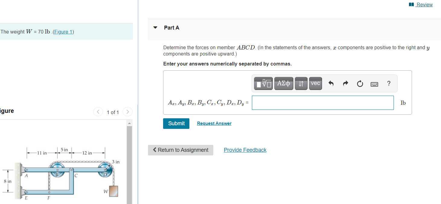 Solved Review Part A The weight W = 70 lb (Figure 1) | Chegg.com