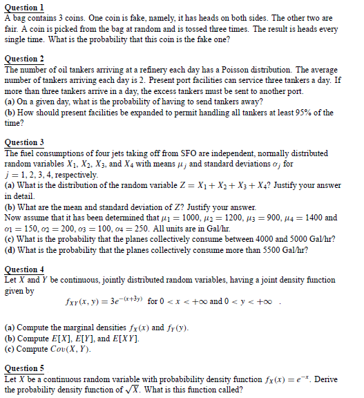 Question 1 A bag contains 3 coins. One coin is fake, | Chegg.com