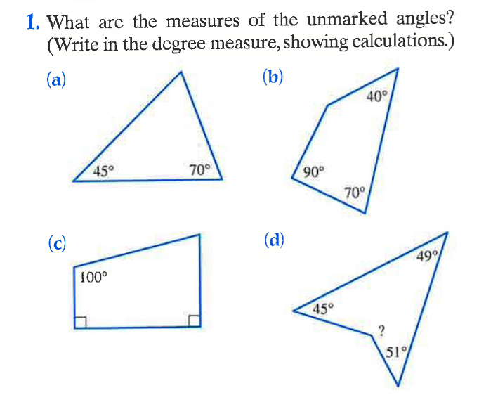 Solved 1. What are the measures of the unmarked angles? | Chegg.com