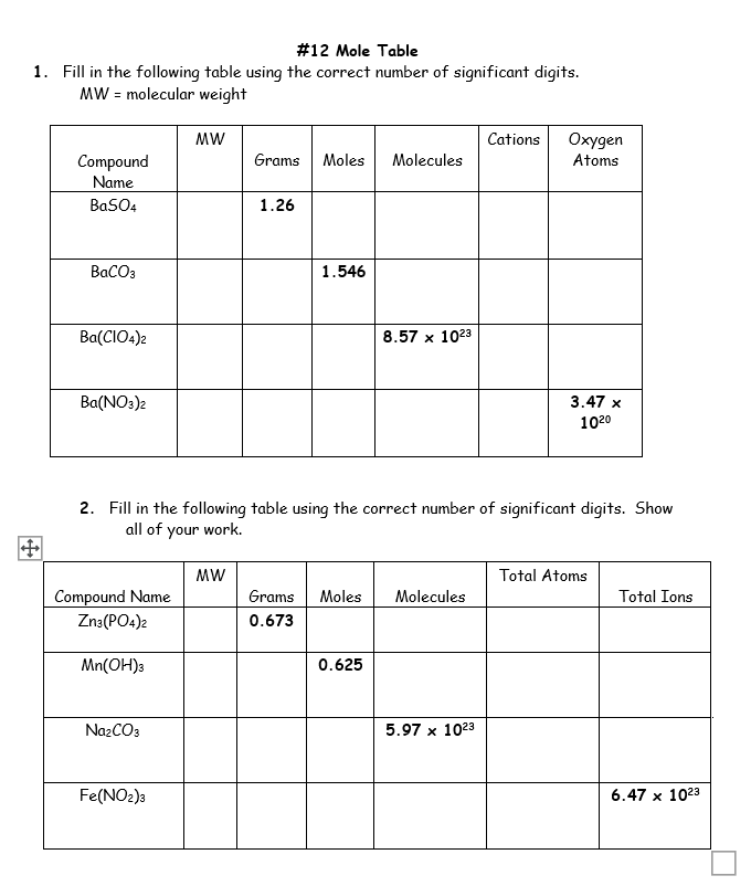 Solved #12 Mole Table 1. Fill in the following table using | Chegg.com