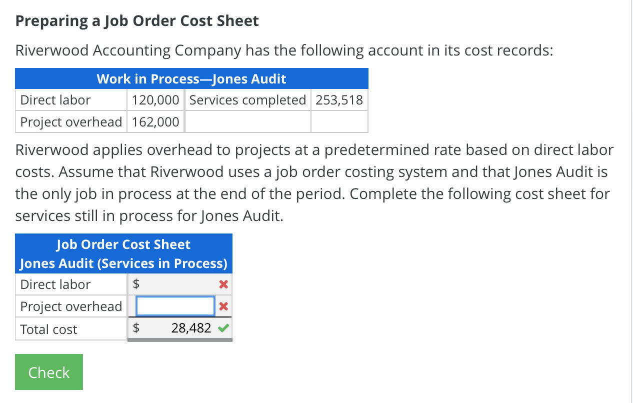 Solved Preparing a Job Order Cost Sheet Riverwood Accounting | Chegg.com