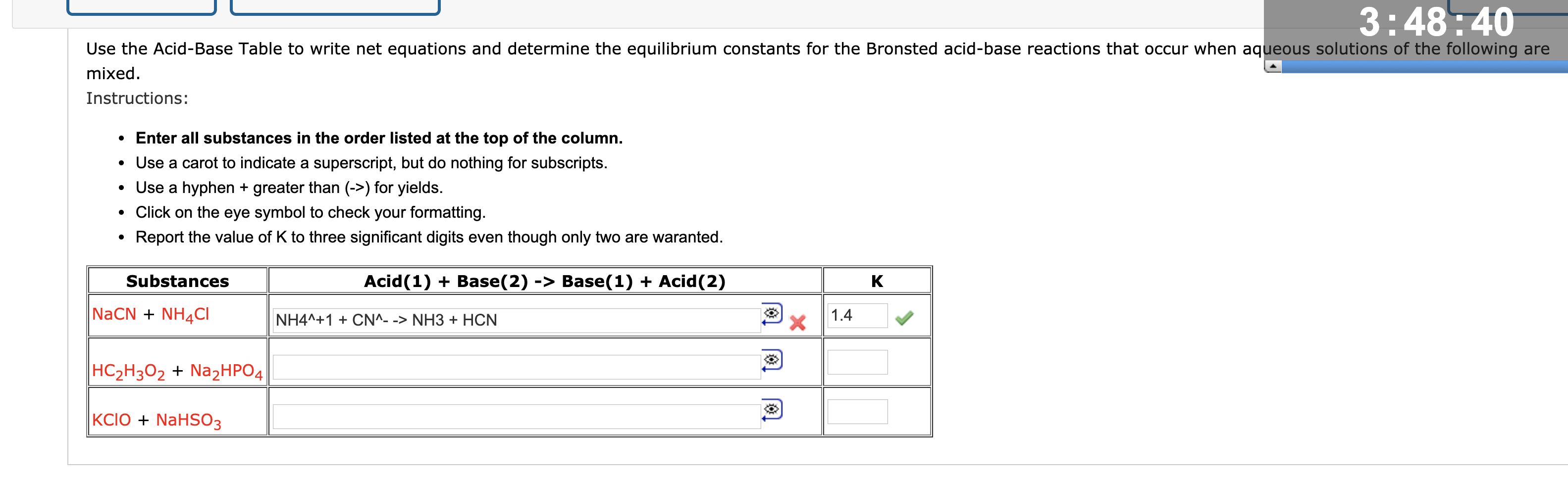 Solved 3:48:40 Use the Acid-Base Table to write net | Chegg.com