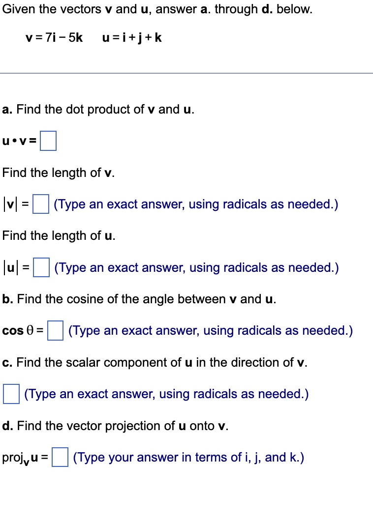 Solved Given the vectors v and u, answer a. through d. | Chegg.com