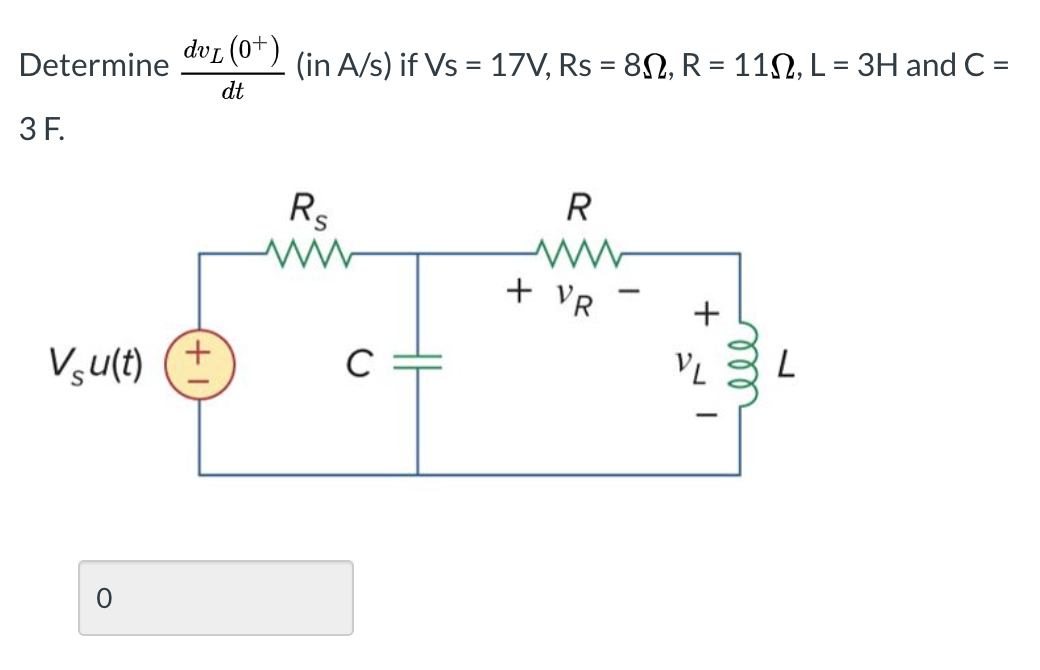 Solved Determine dvi (0+) (in 2 (in A/s) if Vs = 17V, Rs = | Chegg.com