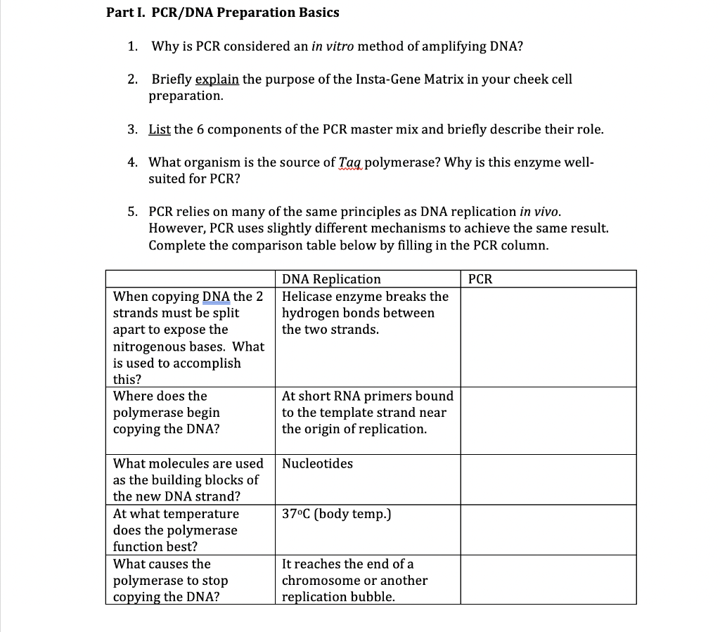 Solved Part I. PCR/DNA Preparation Basics 1. Why is PCR | Chegg.com