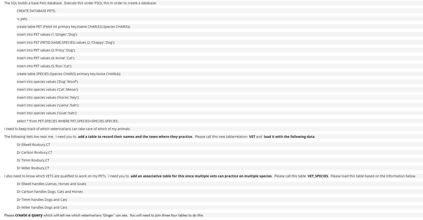 Solved The SQL builds a base Pets database. Execute this | Chegg.com