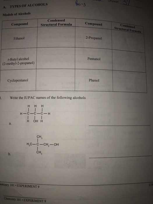 Solved A. TYPES OF ALCOHOLS Models of Alcohols Condensed | Chegg.com