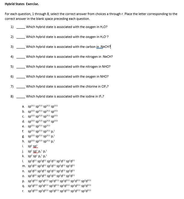 Solved Hybrid States Exercise. For each question, 1 through | Chegg.com