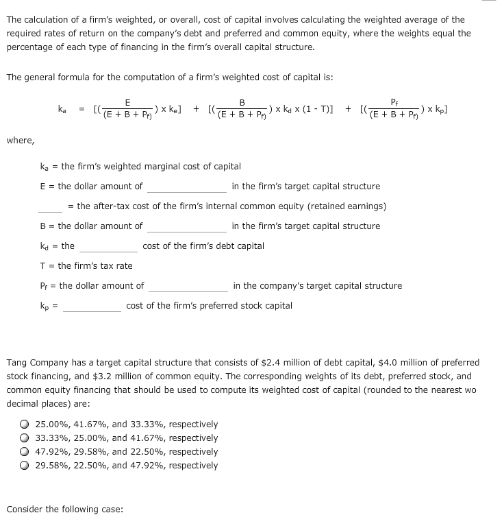 The calculation of a firm's weighted, or overall, | Chegg.com