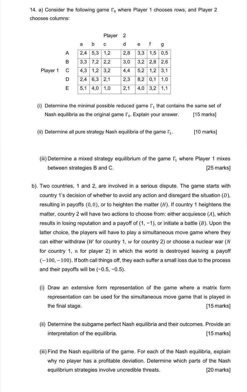Solved 14. a) Consider the following game I, where Player 1 | Chegg.com