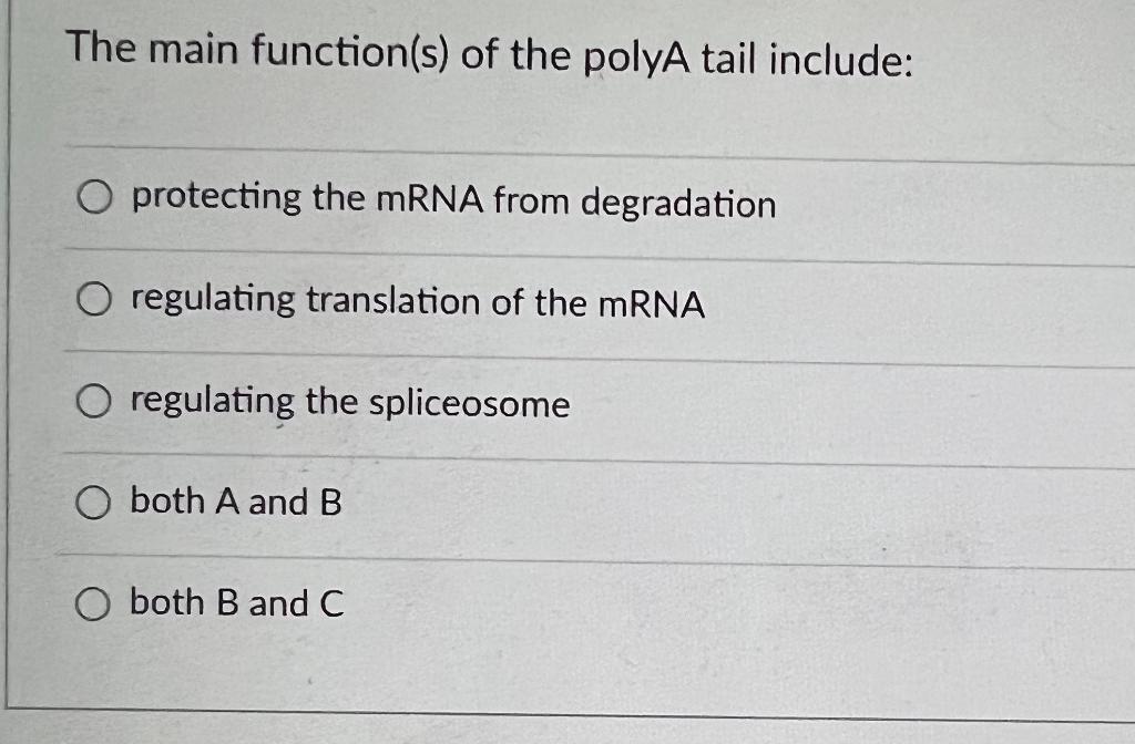 Solved The main function(s) of the polyA tail include: | Chegg.com