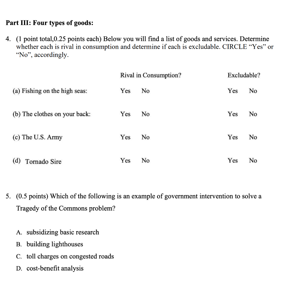 Solved Part III: Four types of goods: 4. (1 point total,0.25 | Chegg.com