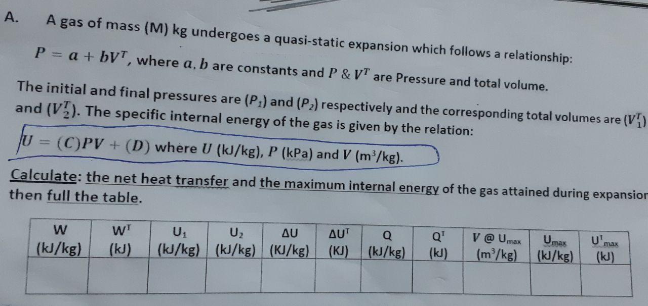 Solved A. A gas of mass (M) kg undergoes a quasi-static | Chegg.com