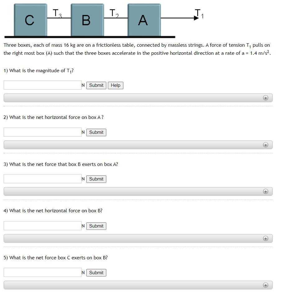 Solved Three boxes, each of mass 16 kg are on a frictionless | Chegg.com