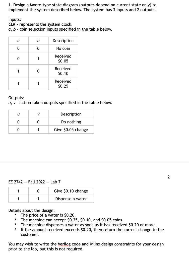 Solved 1. Design a Moore-type state diagram (outputs depend | Chegg.com