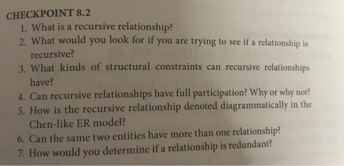 Solved CHECKPOINT 8.2 1. What is a recursive relationship? | Chegg.com
