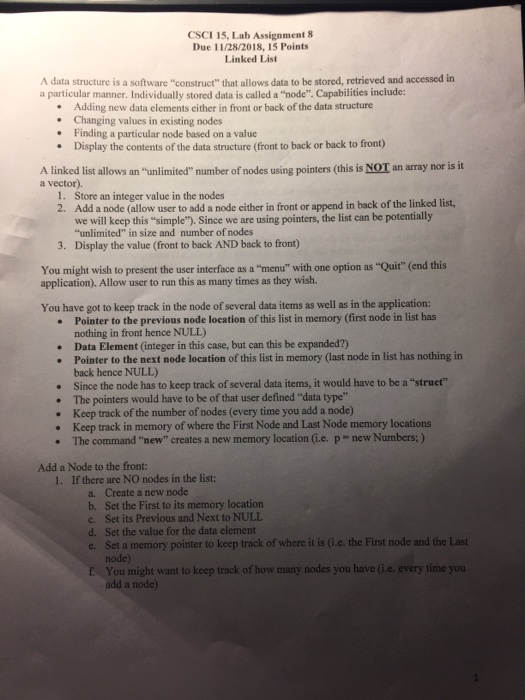 Solved CSCI 15, Lab Assignment 8 Due 11/28/2018, 15 Points | Chegg.com