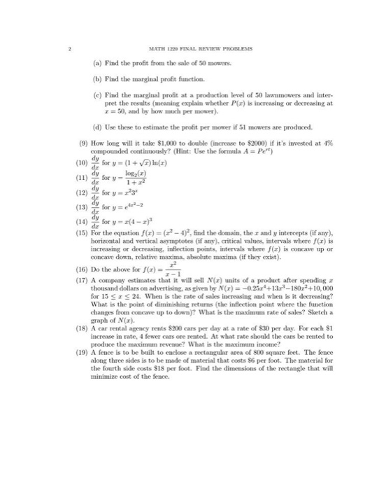 Solved MATH 1229 FINAL REVIEW PROBLEMs (a) Find the profit | Chegg.com
