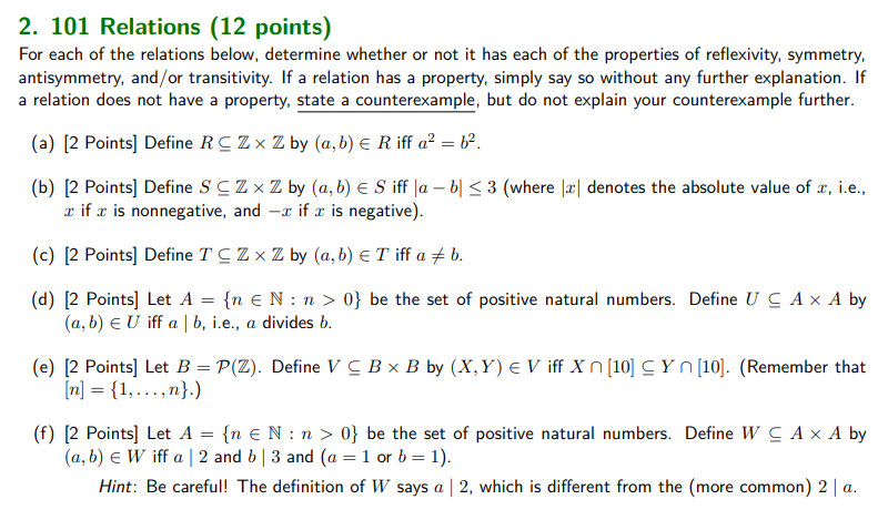 Solved 2. 101 Relations (12 points) For each of the | Chegg.com