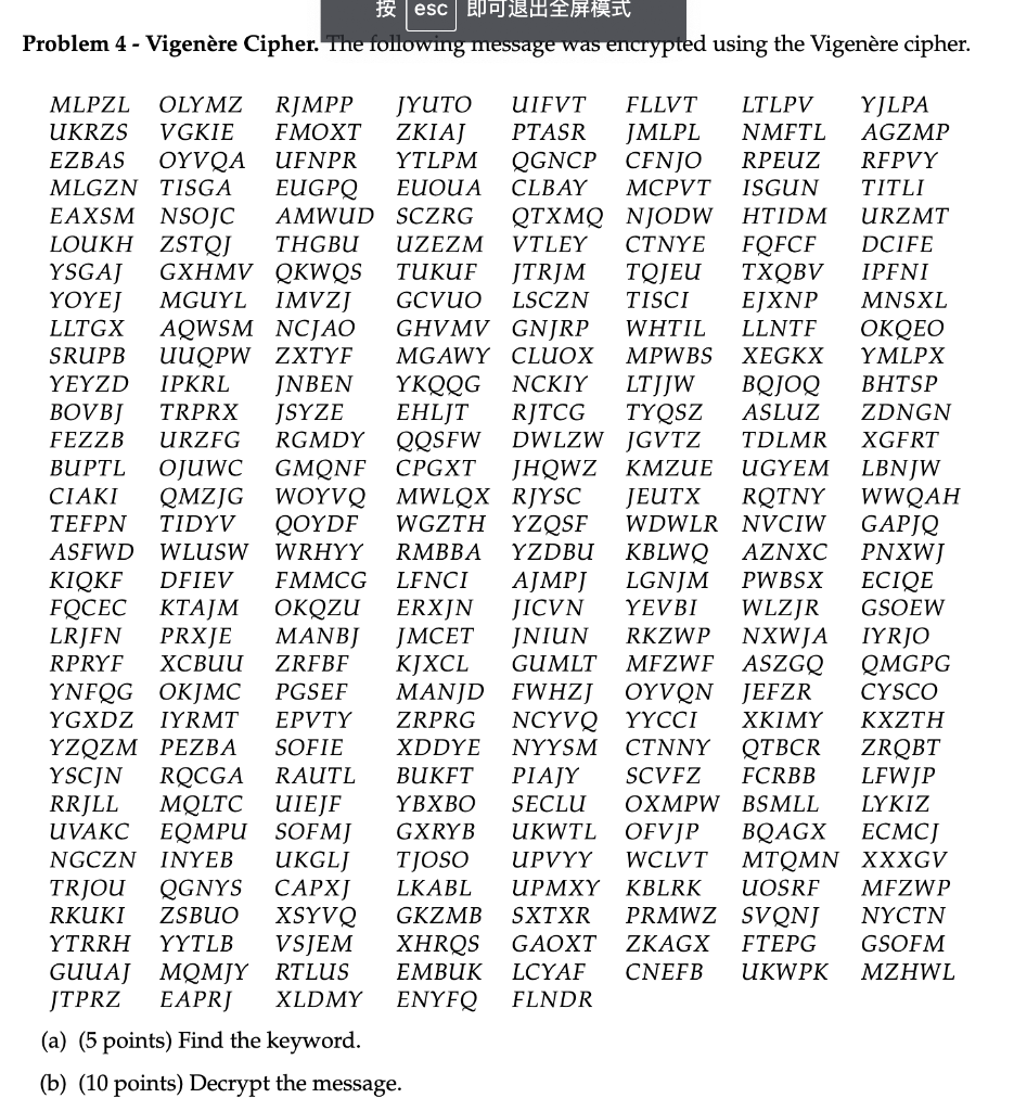 Solved Problem 4 - Vigen `ere Cipher. The following message | Chegg.com