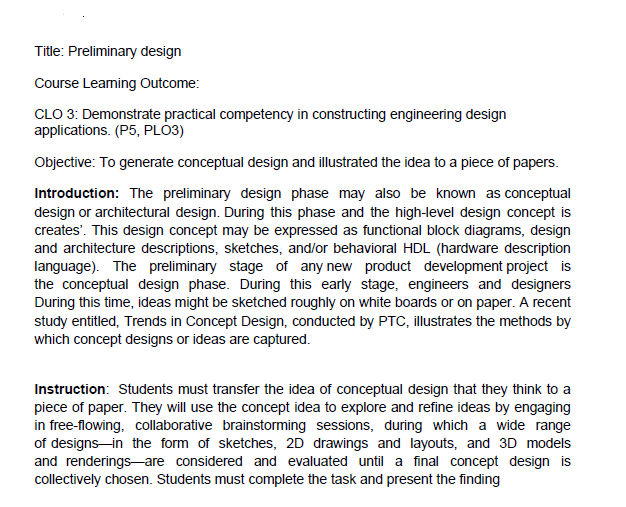 Title: Preliminary design Course Learning Outcome: | Chegg.com