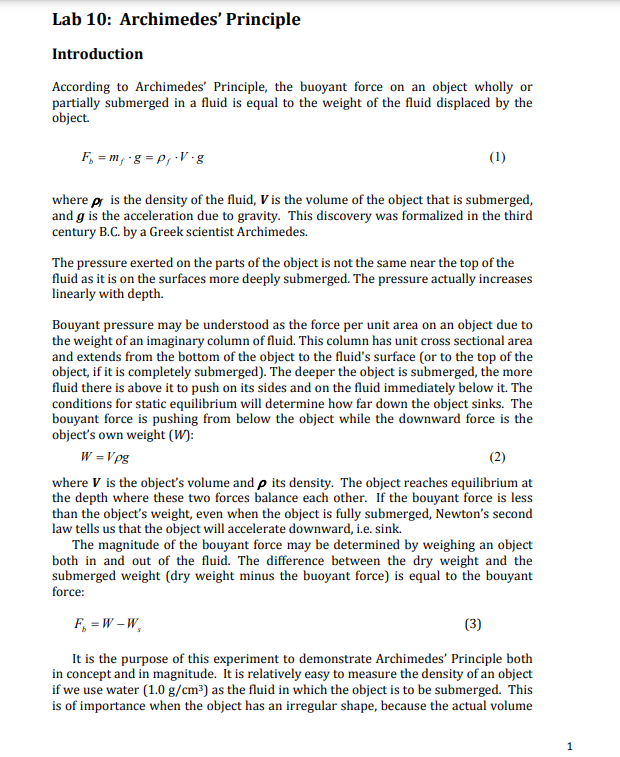 Lab 10: Archimedes' Principle Introduction According | Chegg.com