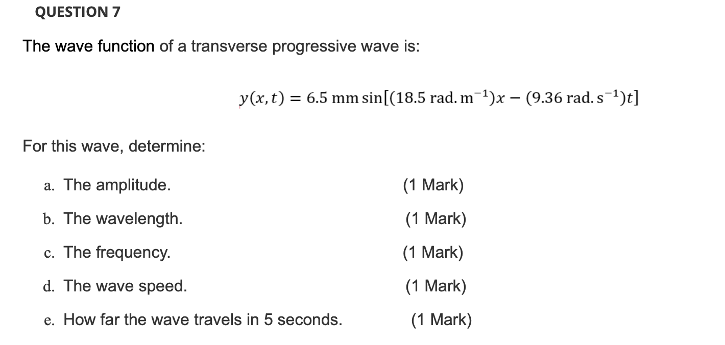 Solved The wave function of a transverse progressive wave | Chegg.com