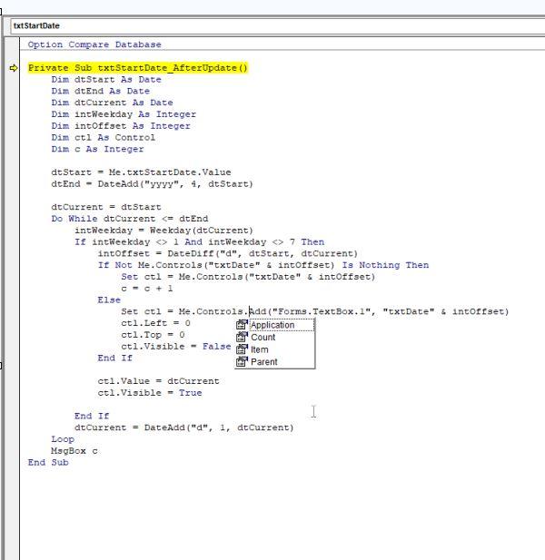 Solved Option Compare Database Private Sub txtStartDate | Chegg.com
