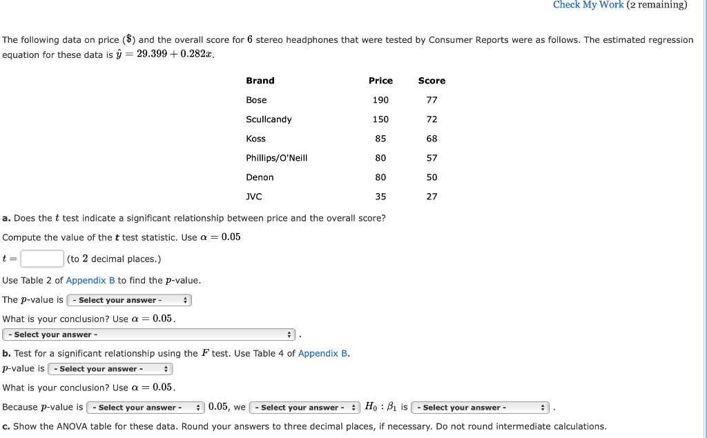 Solved c. Show the ANOVA table for these data. Round your | Chegg.com