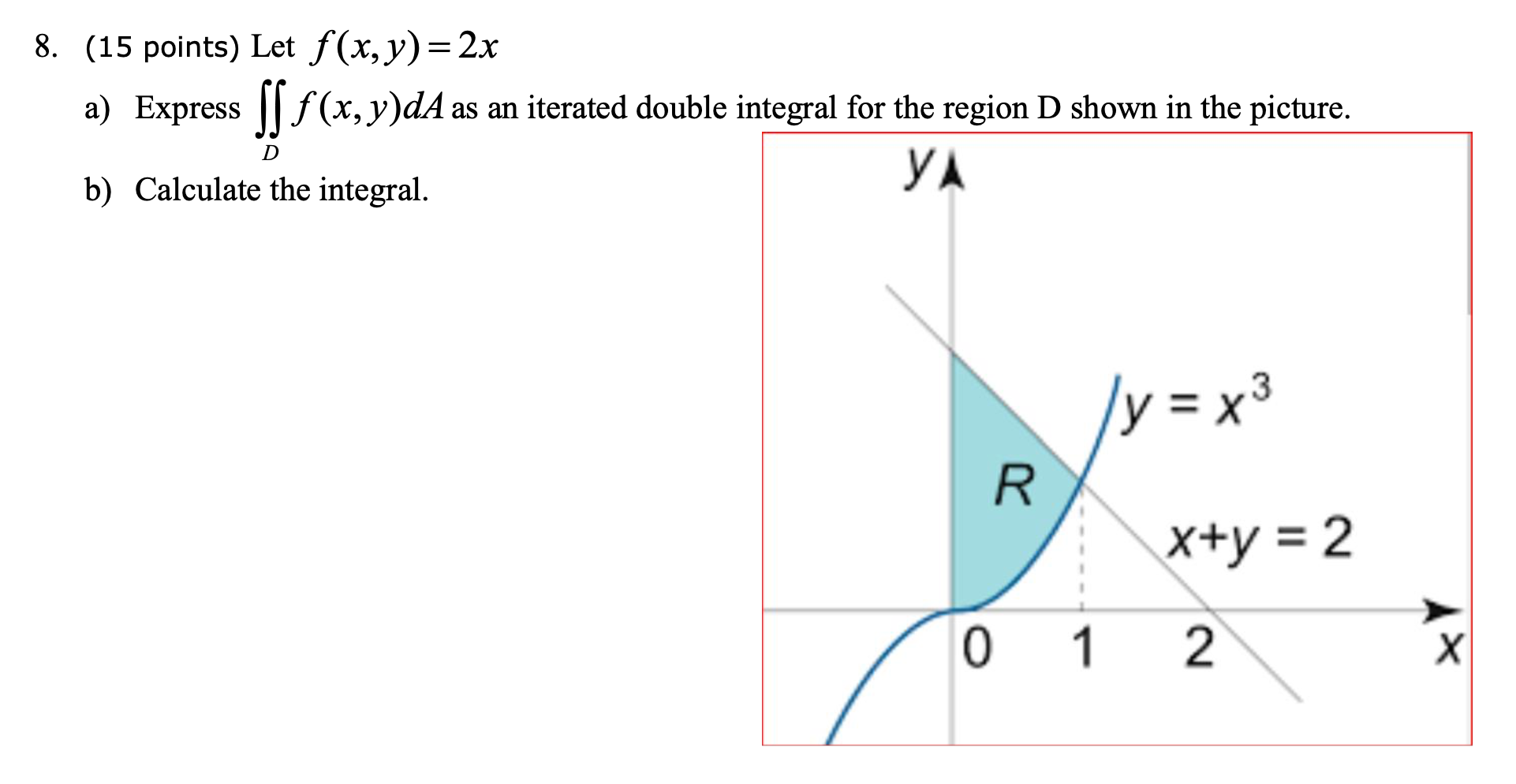 Solved 8. (15 points) Let f(x,y)=2x a) Express ∬Df(x,y)dA as | Chegg.com
