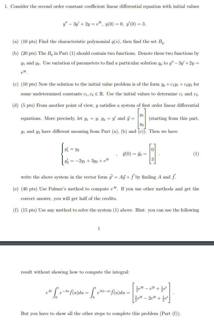 Solved 1. Consider the second order constant coefficient | Chegg.com