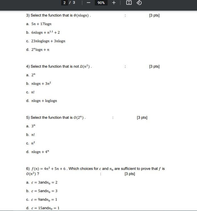 Solved 3) Select the function that is θ(nlogn). [3 pts] a. | Chegg.com