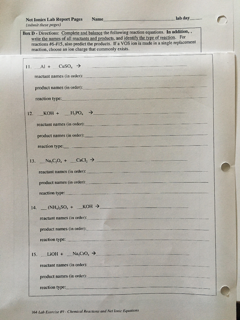 Solved Net Ionics Lab Report Pages Name lab day (submit | Chegg.com