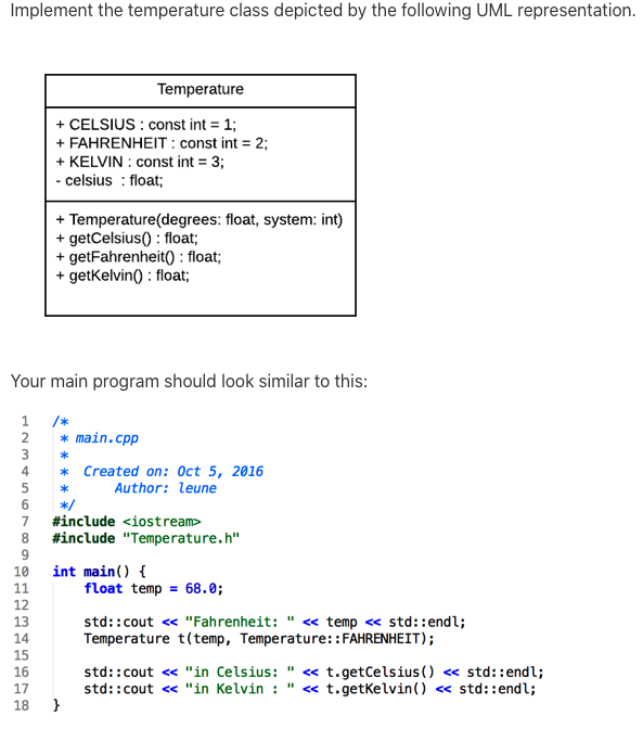 Solved Implement the temperature class depicted by the | Chegg.com