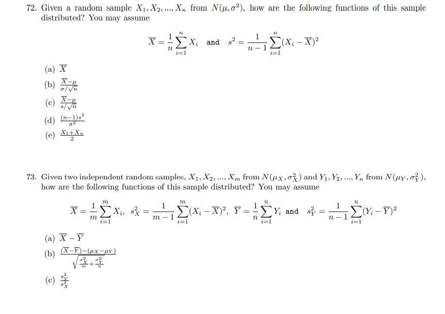 Solved 72. Given a random sample X1,X2,…,Xn from N(μ,σ2), | Chegg.com