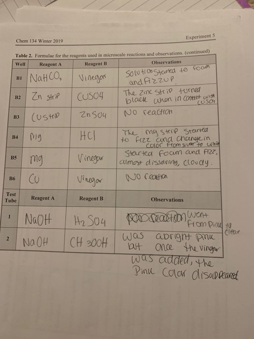 Solved Chem 134 Winter 2019 Experiment 5 Data and Results | Chegg.com