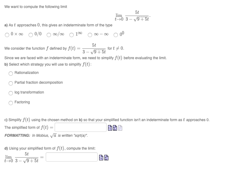 Solved We want to compute the following limit 5t lim t0 3 – | Chegg.com